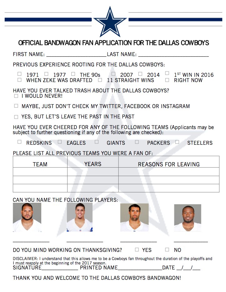 The Dallas Cowboys Tweeted Out An Application Form For Bandwagon Fans ...