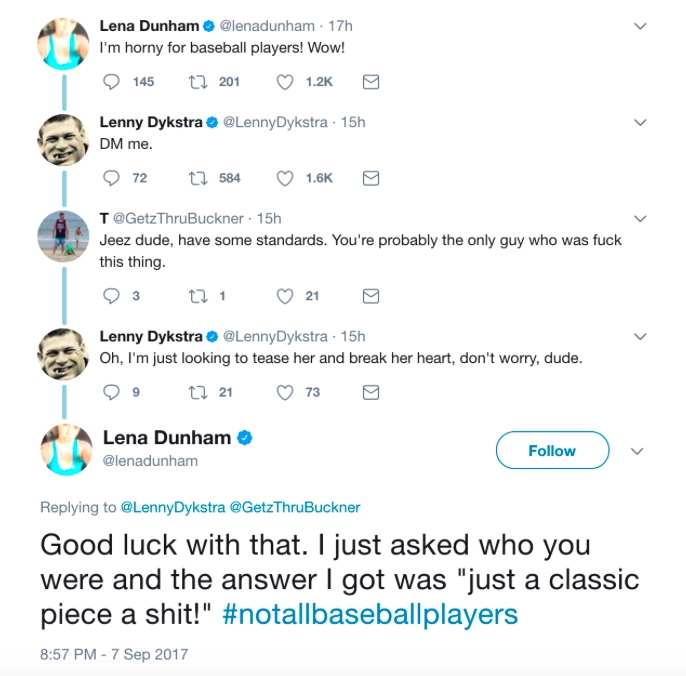 Lena Dunham Tweets She's 'Horny For Baseball Players,' Starting Twitter ...