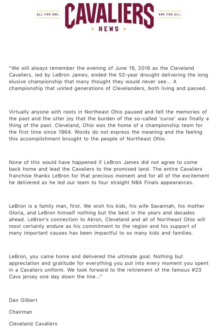 Dan Gilbert Pens Farewell Letter To LeBron James That Surprisingly ...
