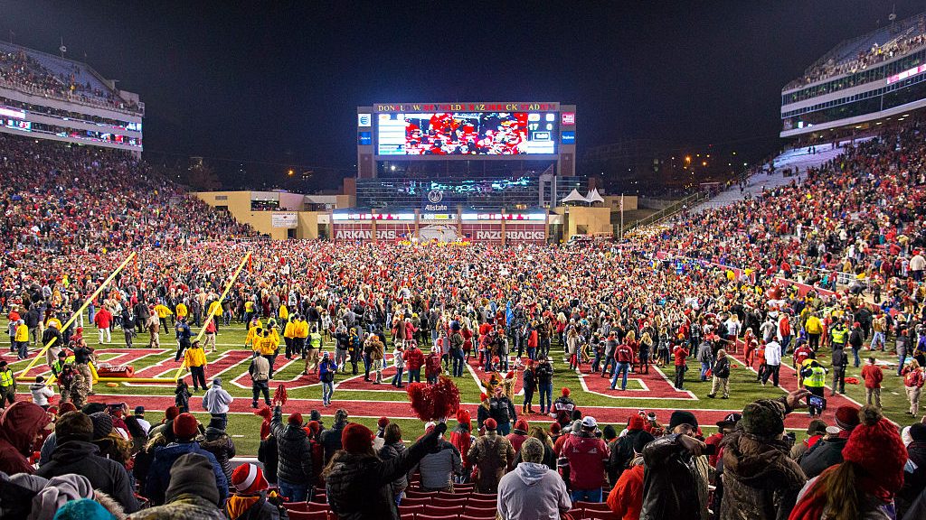 WATCH: Arkansas' AD Is Mic'd Up As Fans Storm Field After Texas Upset