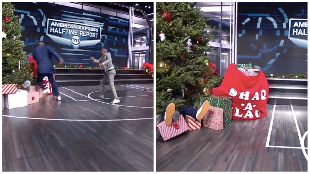 Kenny Smith Launches Shaq Through A Christmas Tree (VIDEO)
