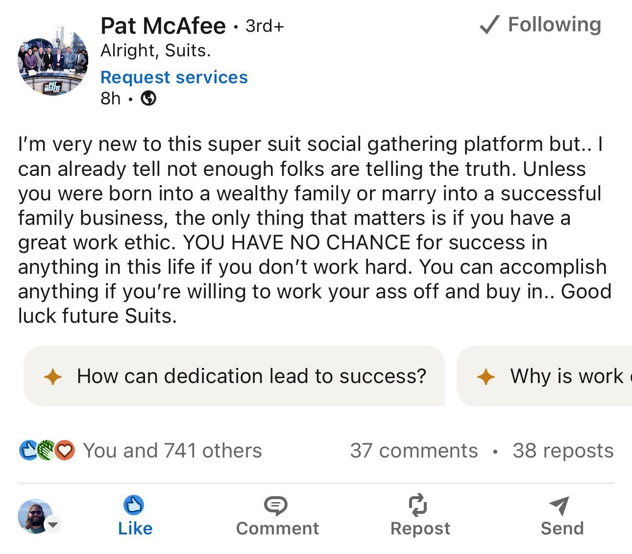 Pat McAfee Calls Out The Suits And Champions Hard Work In First LinkedIn Post - BroBible