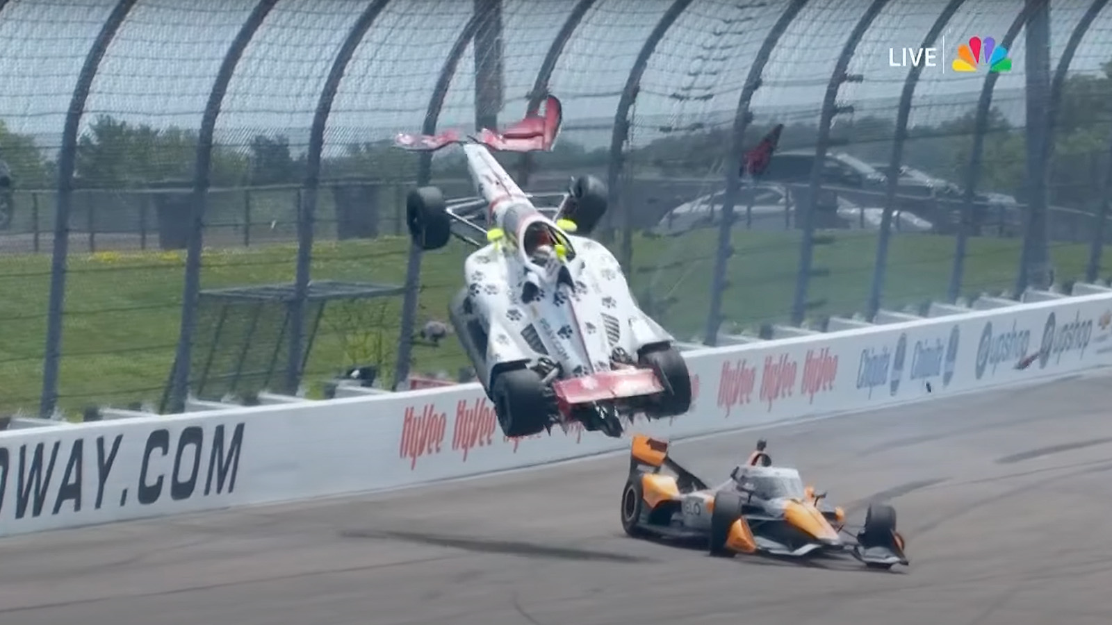 Airborne IndyCar Lands On Top Of Another Car During Fiery Wreck