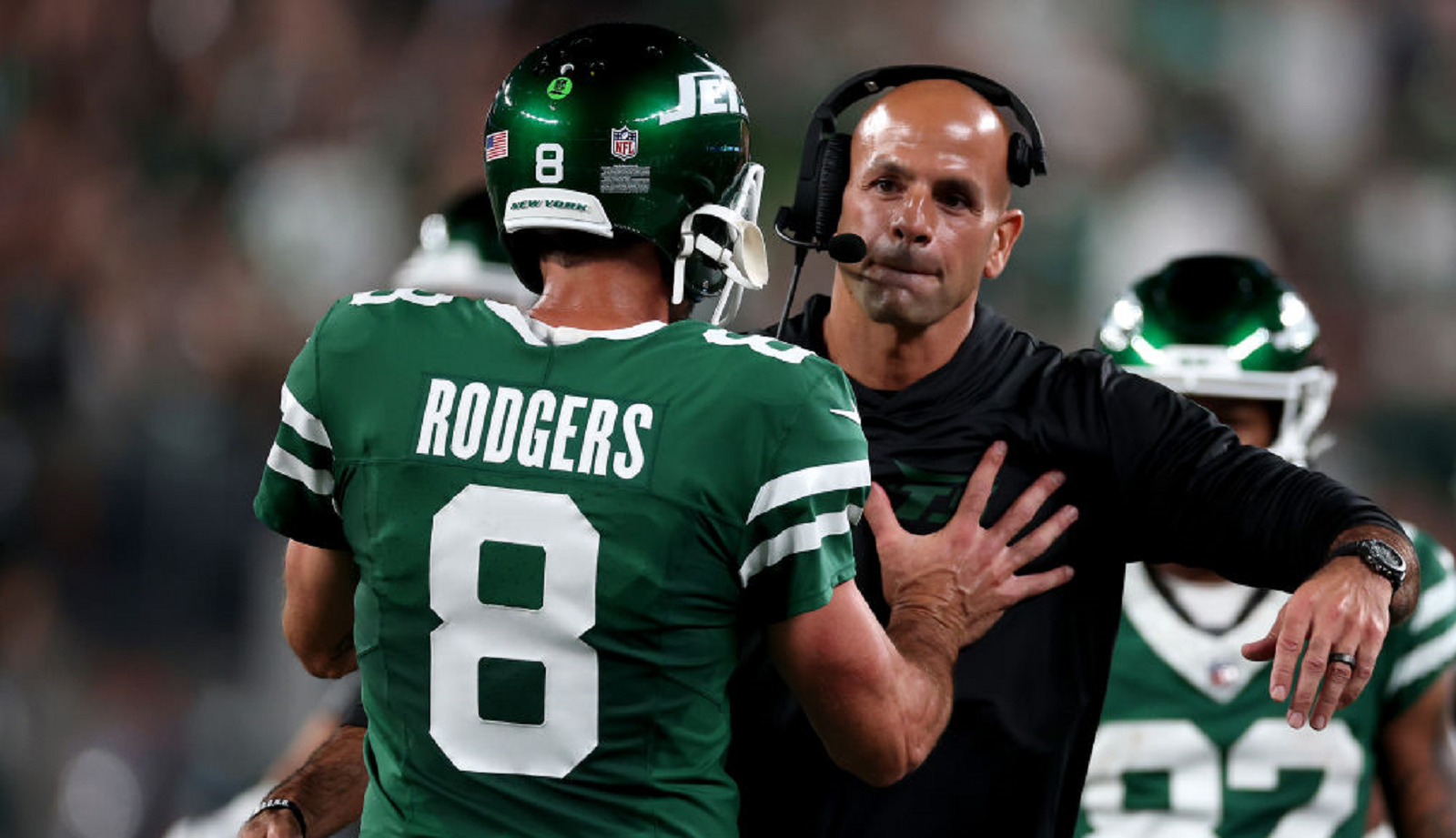 Aaron Rodgers Shoves Jets Coach Robert Saleh On The Sideline After ...