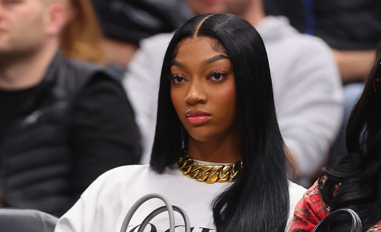 Angel Reese wears massive gold chain while sitting courtside