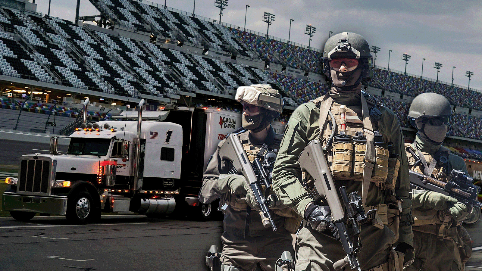 Armed Military Escorts Flank NASCAR Haulers Driving In Mexico