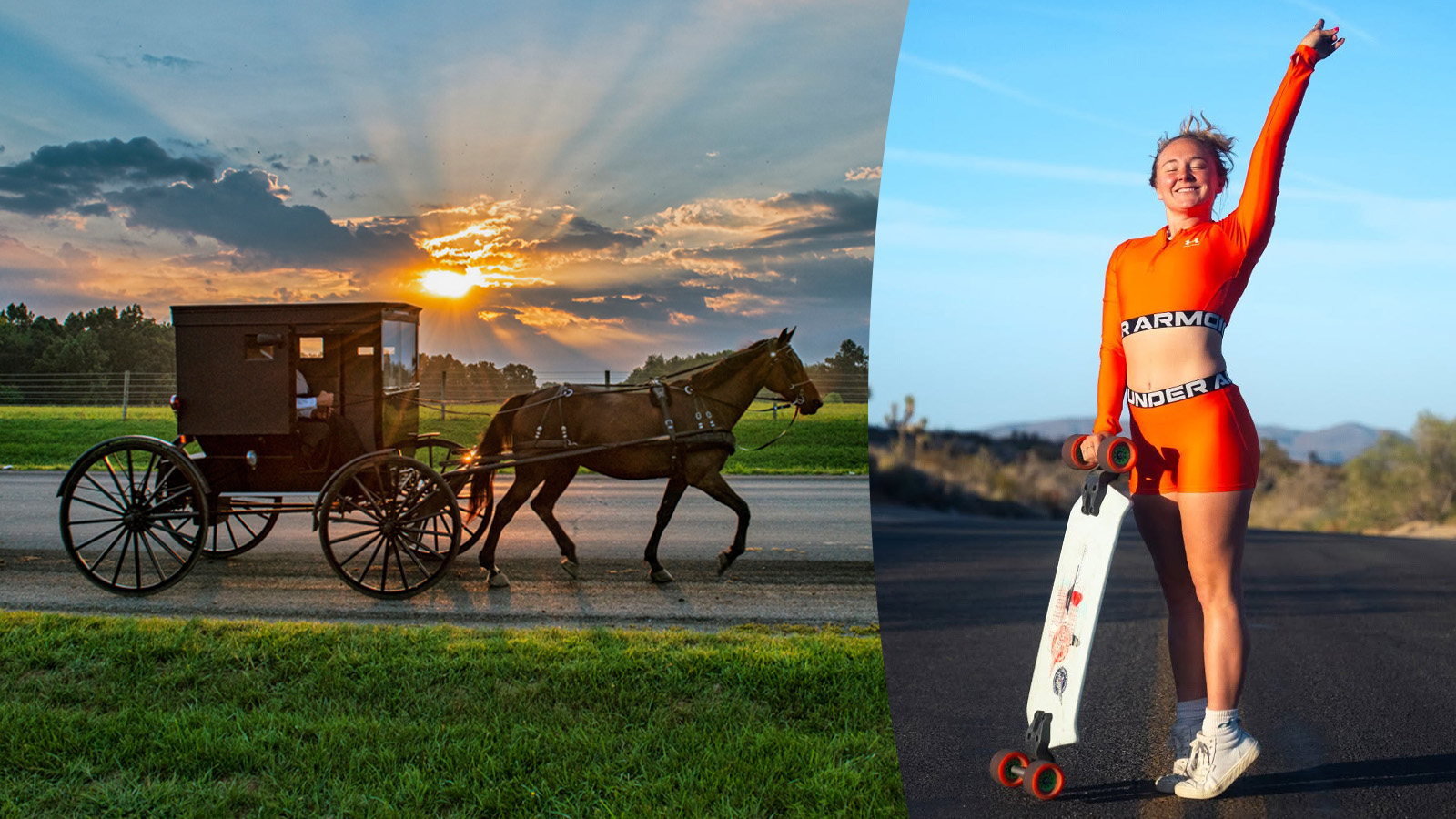 California Woman Meets Baffled Amish Farmer On Her Skateboard