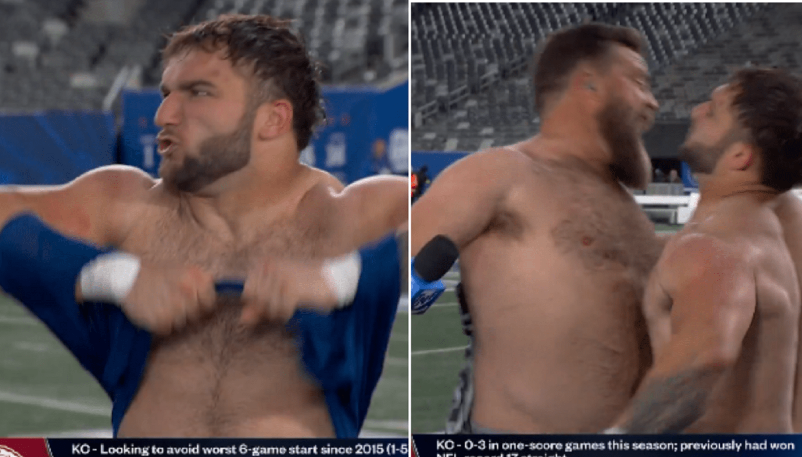 Cam Skattebo Rips Off Shirt, Chest Bumps Ryan Fitzpatrick During ...